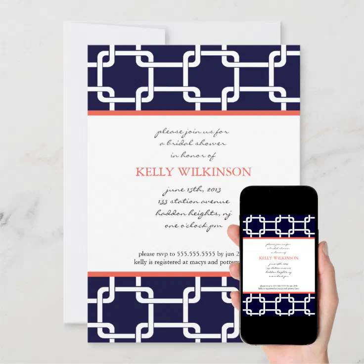 Navy Blue and Coral Preppy Invitation | Zazzle