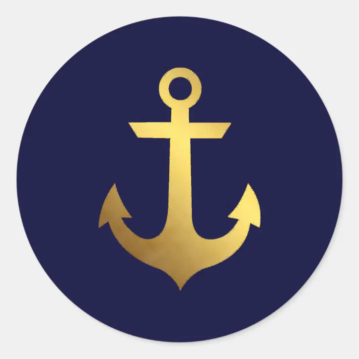 Navy Blue and Faux Gold Foil Anchor Classic Round Sticker | Zazzle