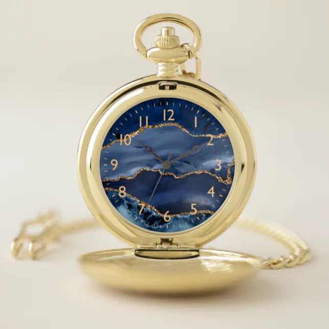 Navy Blue and Faux Gold Glitter Marble Agate Pocket Watch | Zazzle