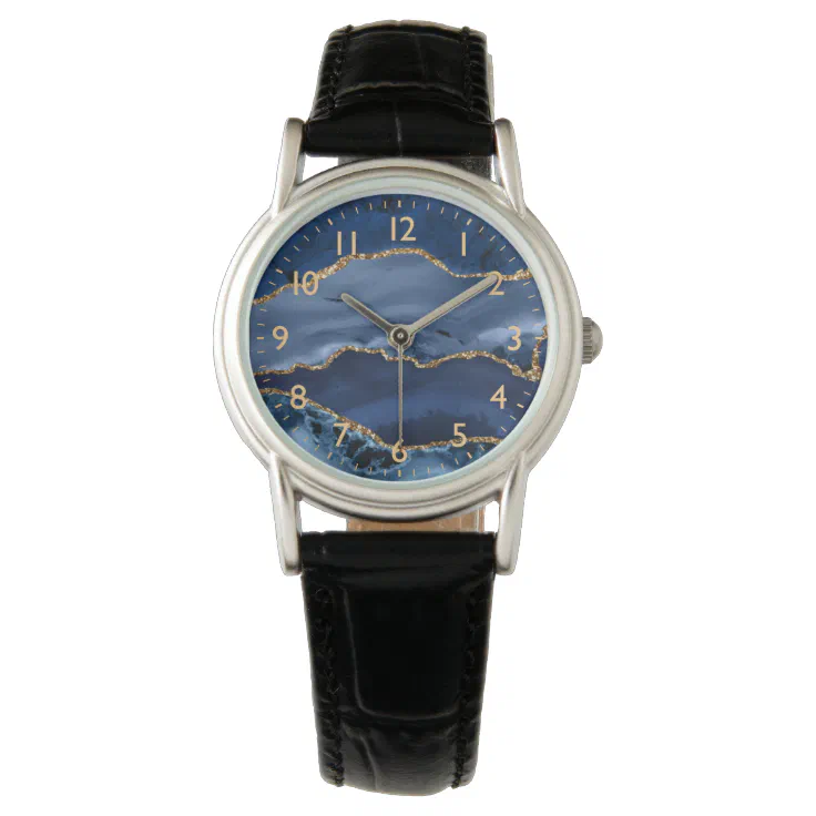 Navy Blue and Faux Gold Glitter Marble Agate Watch | Zazzle