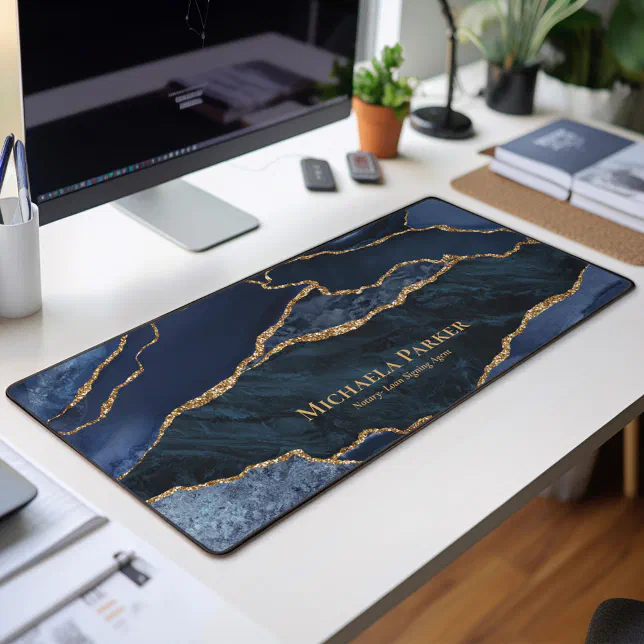 Navy Blue and Gold Agate Geode Business Desk Mat | Zazzle