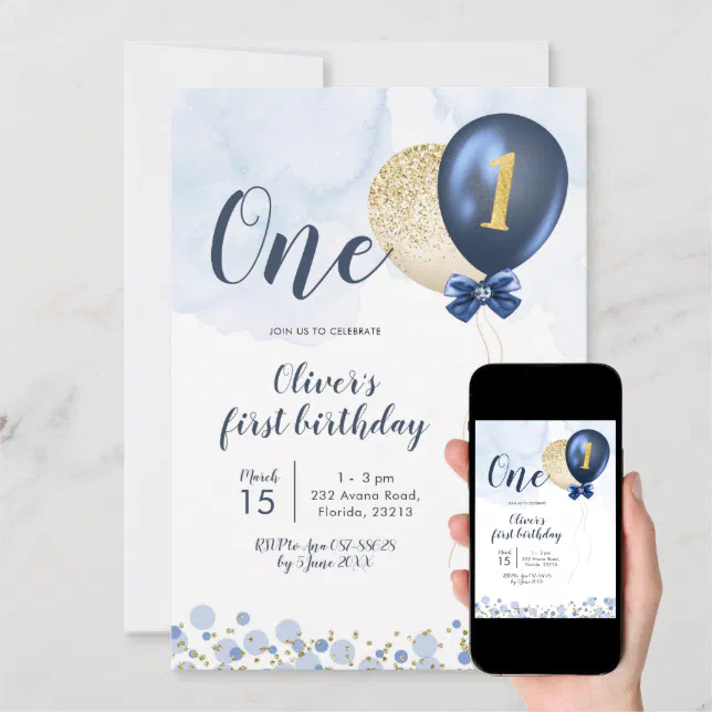Navy Blue and Gold Balloon Boy First Birthday Inv Invitation | Zazzle