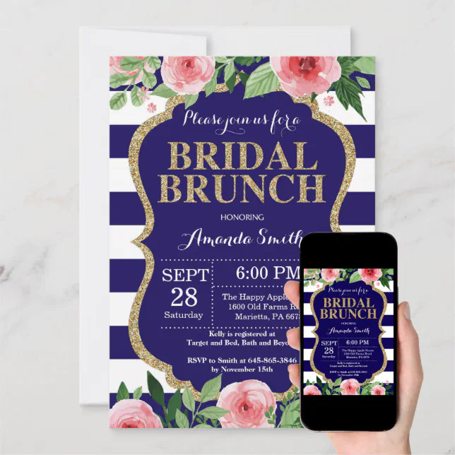 Navy Blue and Gold Bridal Brunch Invitation Floral | Zazzle