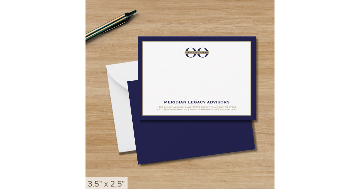 Navy Blue and Gold Business Note Card with Logo | Zazzle