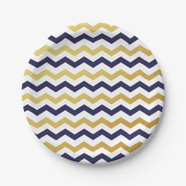 Navy Blue and Gold Chevron Pattern Paper Plates | Zazzle
