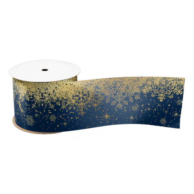 Navy Blue and Gold Christmas Snowflakes Satin Ribbon | Zazzle