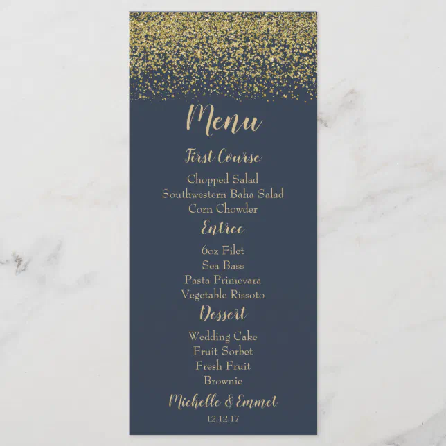 Navy Blue and Gold Diamond Wedding Menu | Zazzle