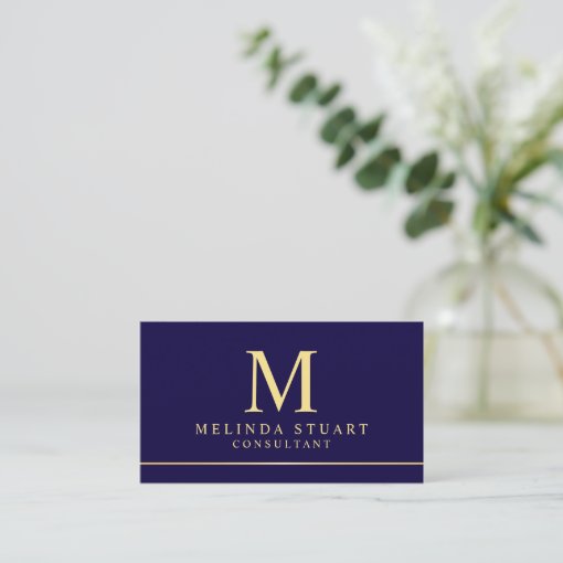 Navy Blue and Gold Elegant Monogram Business Card | Zazzle