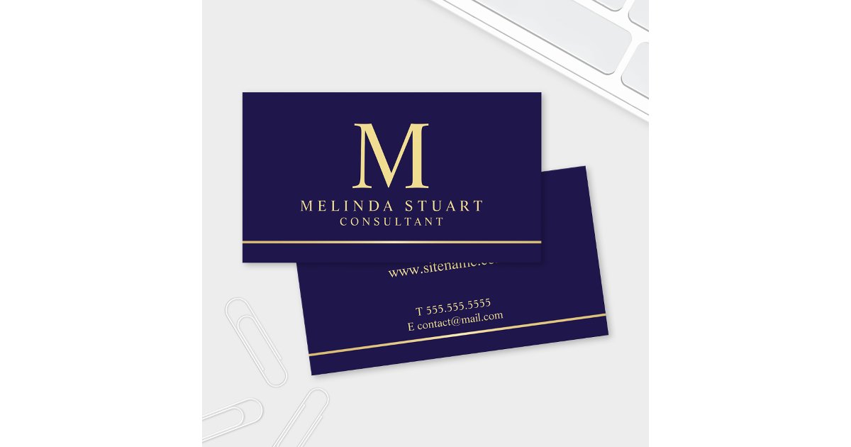 Navy Blue and Gold Elegant Monogram Business Card | Zazzle