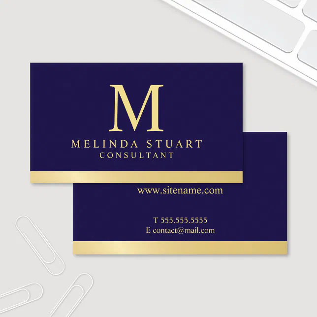 Navy Blue and Gold Elegant Monogram Business Card | Zazzle