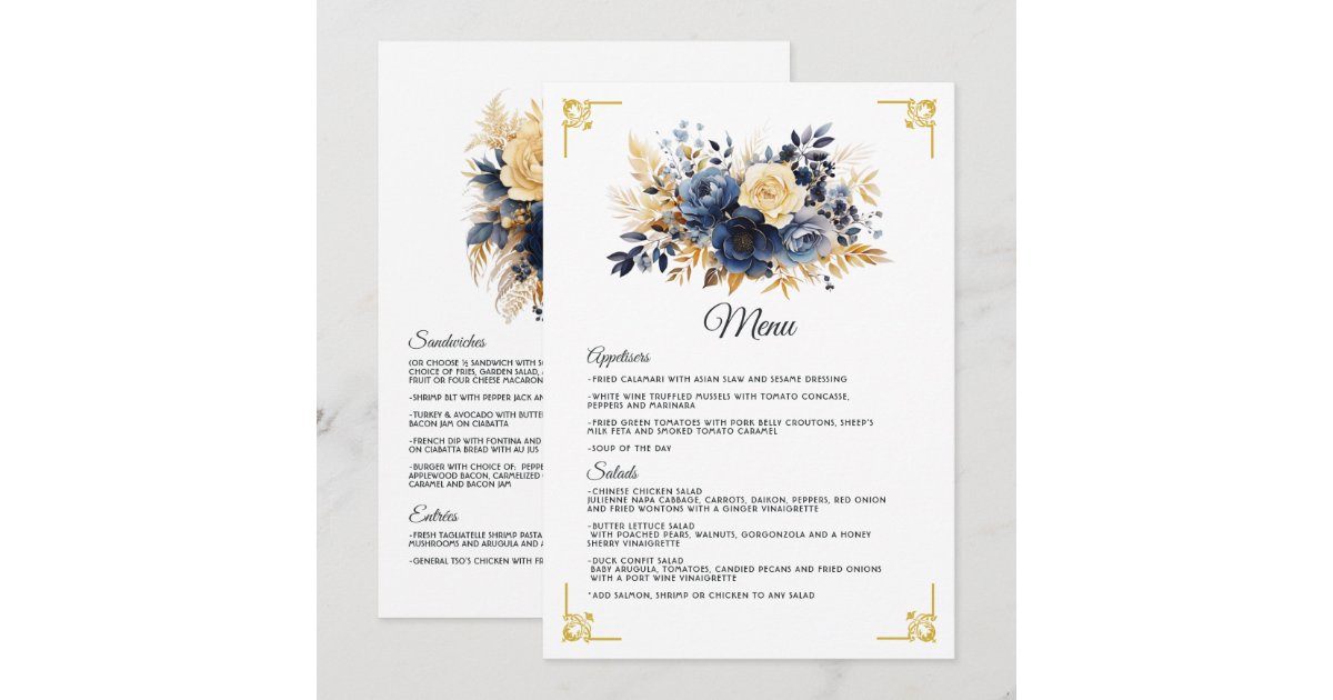 Navy Blue and Gold Floral Wedding Menu | Zazzle