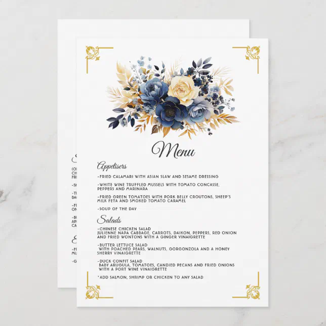 Navy Blue and Gold Floral Wedding Menu | Zazzle