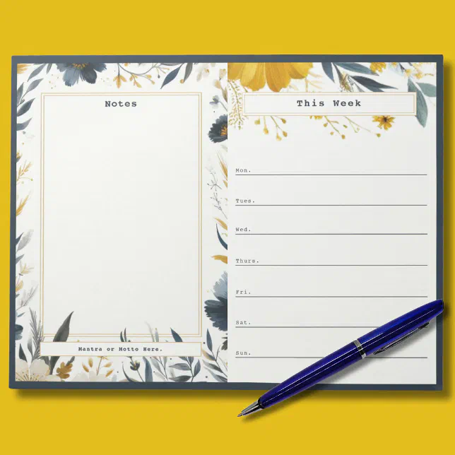 Navy Blue and Gold Floral Weekly Calendar Notepad | Zazzle