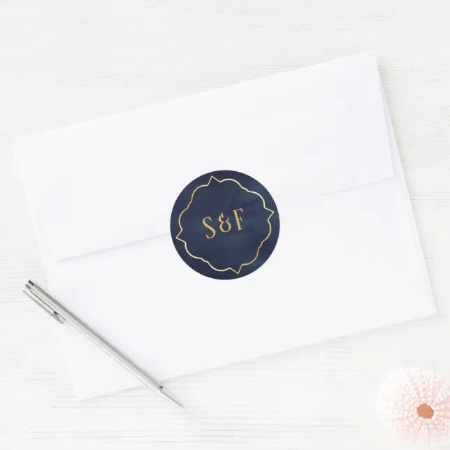 Navy Blue and Gold Foil Ornate Monogram Classic Round Sticker | Zazzle