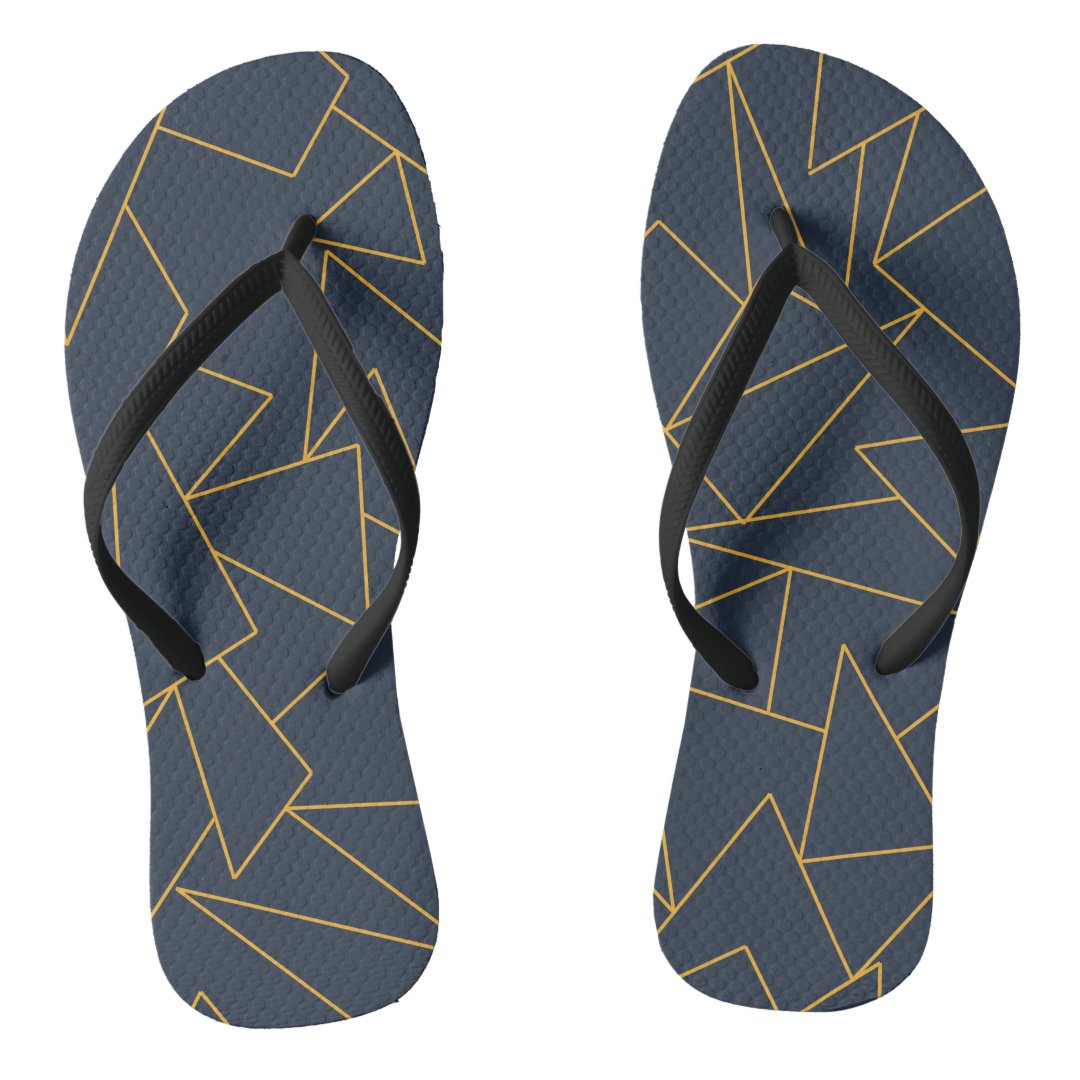 Navy blue and gold geometric flip flops | Zazzle