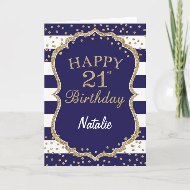 Navy Blue and Gold Glitter 21st Birthday Card | Zazzle