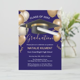 Navy Blue and Gold Graduate Cap Graduation Party Invitation | Zazzle