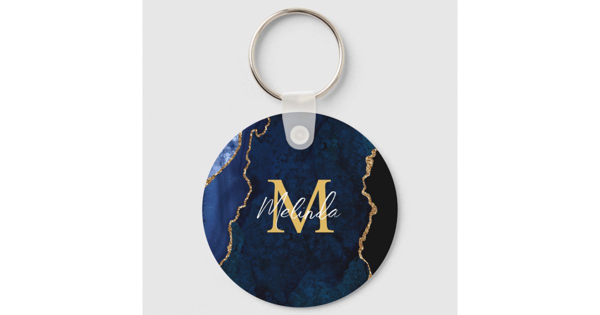 Navy Blue and Gold Marble Agate Keychain | Zazzle