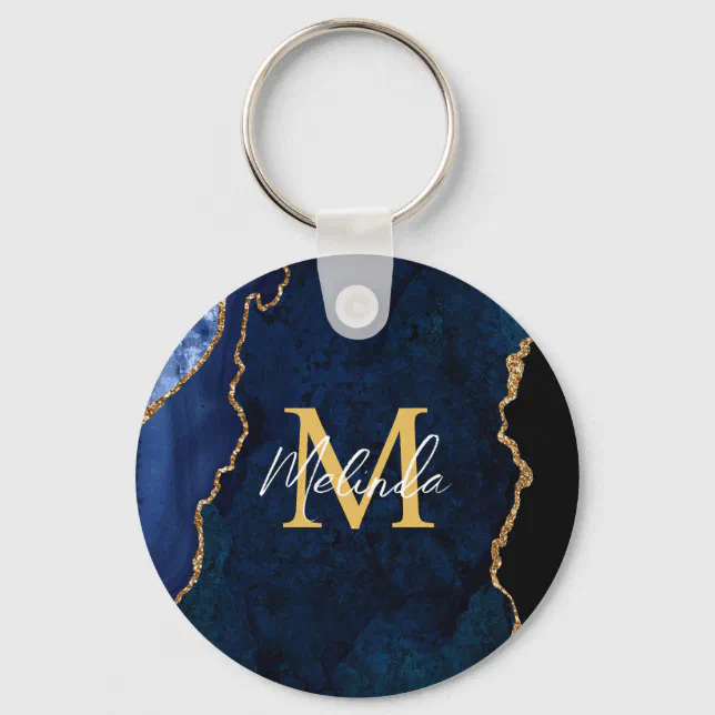 Navy Blue and Gold Marble Agate Keychain | Zazzle
