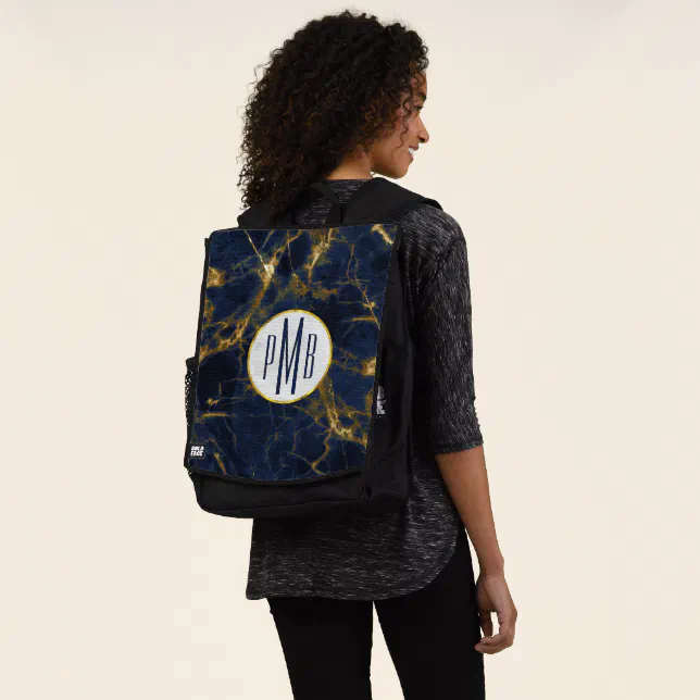 Navy Blue and Gold Marble Modern Stylish Monogram Backpack | Zazzle