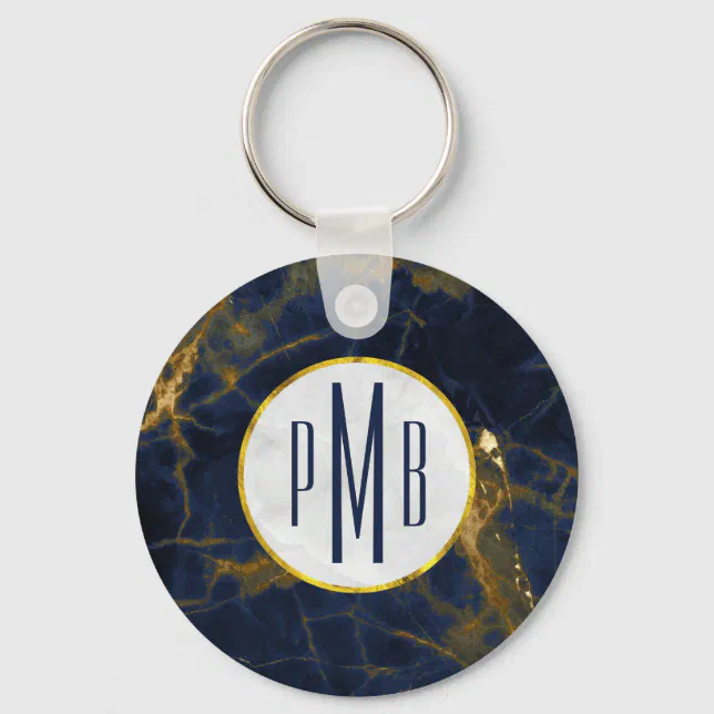 Navy Blue and Gold Marble Modern Stylish Monogram Keychain | Zazzle