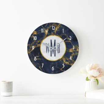 Navy Blue and Gold Marble Modern Stylish Monogram Large Clock | Zazzle