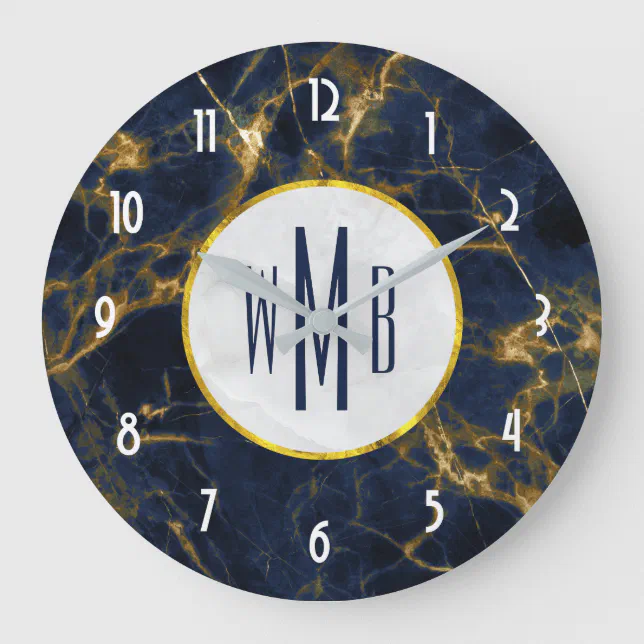 Navy Blue and Gold Marble Modern Stylish Monogram Large Clock | Zazzle