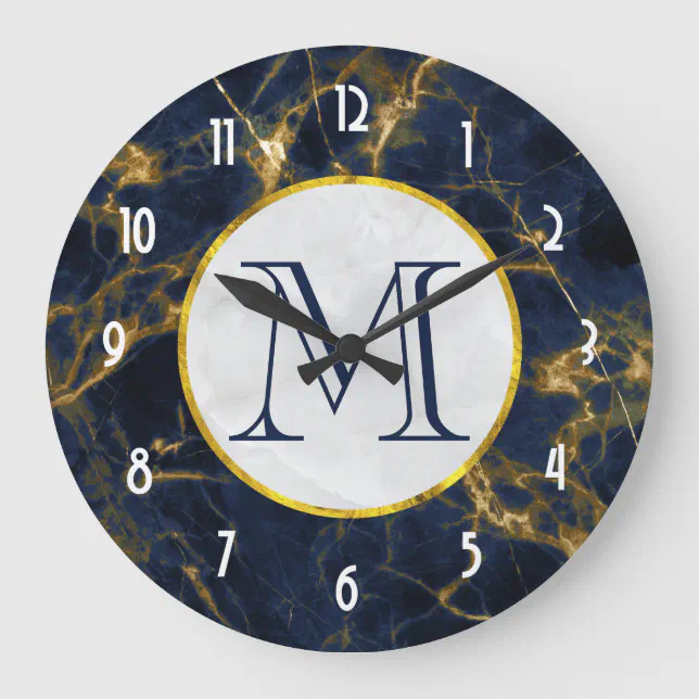 Navy Blue and Gold Marble Modern Stylish Monogram Large Clock | Zazzle