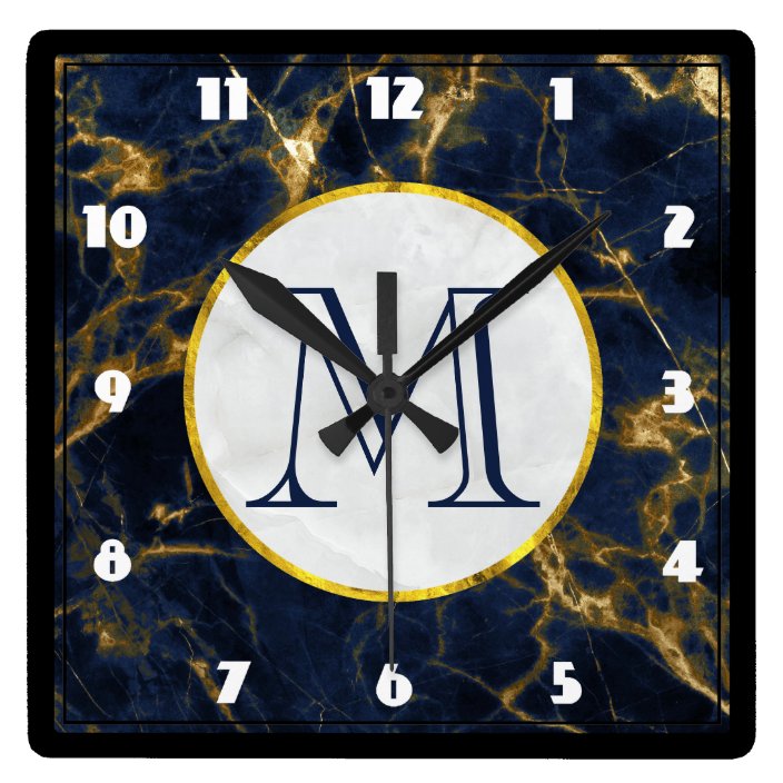 Navy Blue and Gold Marble Modern Stylish Monogram Square Wall Clock ...