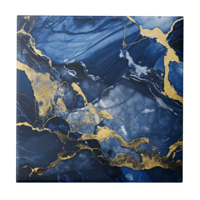 Navy Blue and Gold Marble Pattern Ceramic Tile | Zazzle