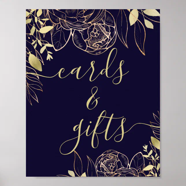 Navy Blue and Gold Modern Floral Cards & Gifts Poster | Zazzle