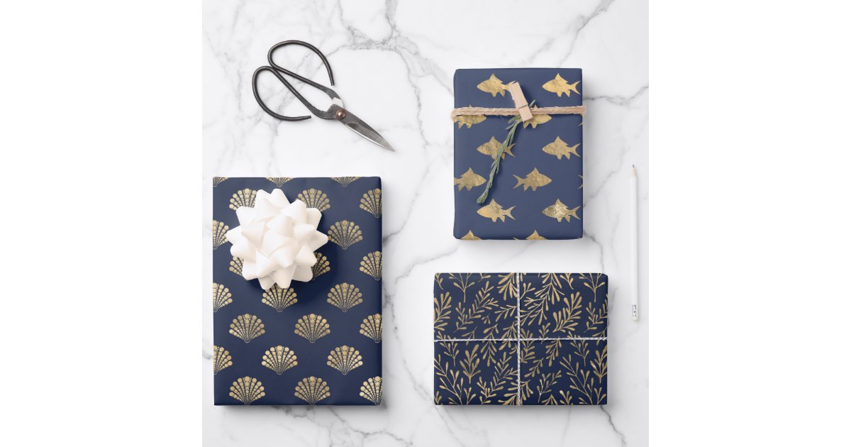 Navy blue and gold nautical mermaid ocean seamless wrapping paper ...