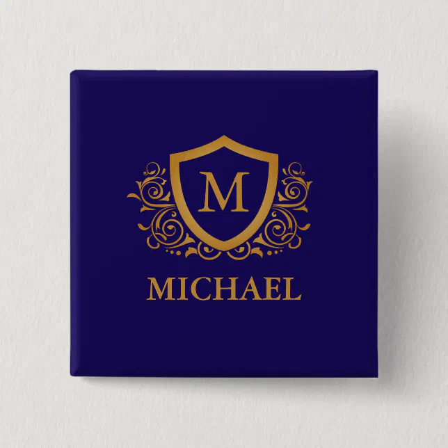 Navy Blue and Gold Personalized Monogram Name Button | Zazzle