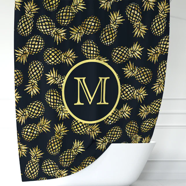 Navy Blue and Gold Pineapple Monogram Shower Curtain | Zazzle