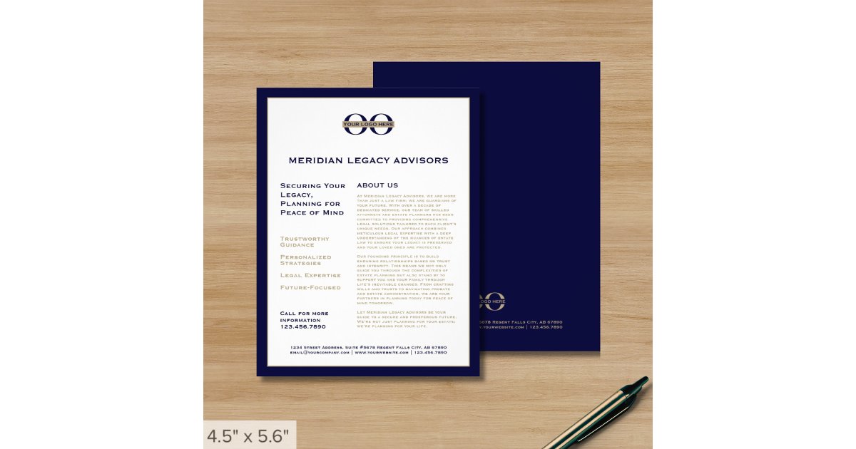 Navy Blue and Gold Promotional Flyer with Logo | Zazzle
