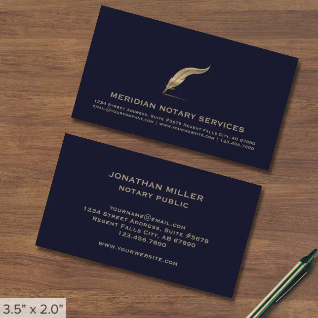 Navy Blue and Gold Quill Business Card | Zazzle