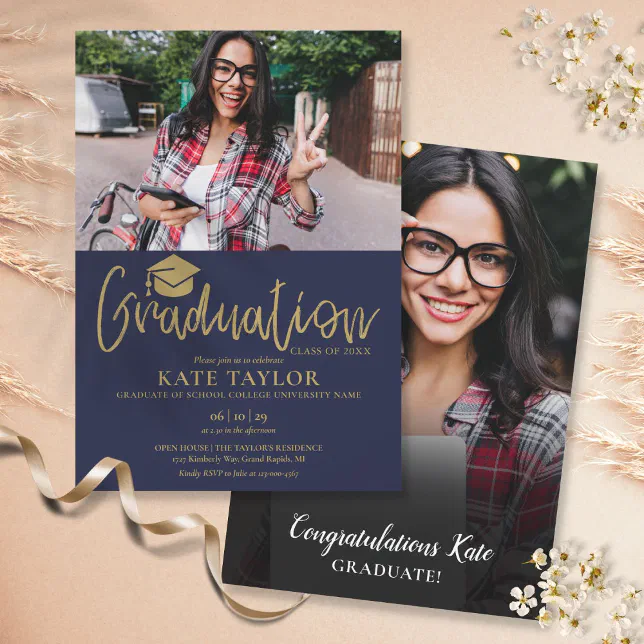 Navy Blue And Gold Script Graduation Party 2 Photo Invitation | Zazzle