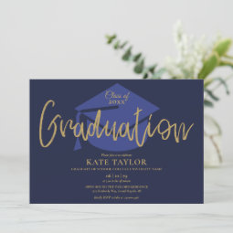 Navy Blue And Gold Script Graduation Party Invitation | Zazzle