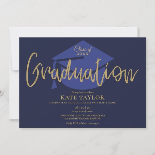 Navy Blue And Gold Script Graduation Party Invitation | Zazzle