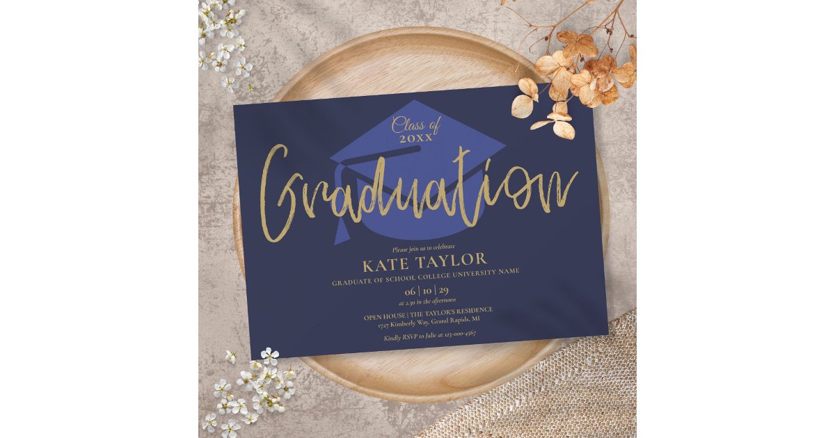 Navy Blue And Gold Script Graduation Party Invitation | Zazzle