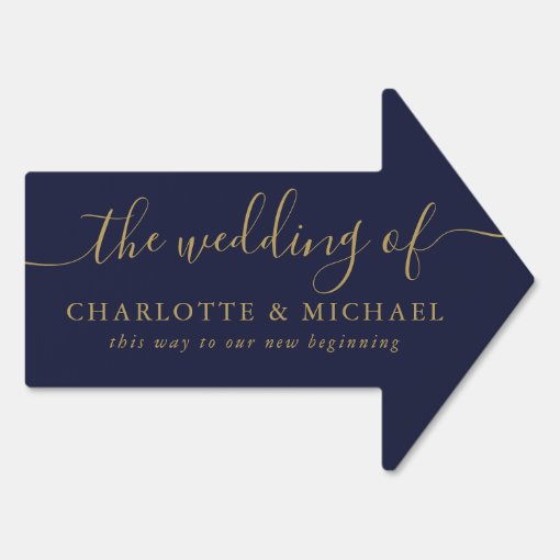Navy Blue And Gold Script Wedding This Way Arrow Sign | Zazzle