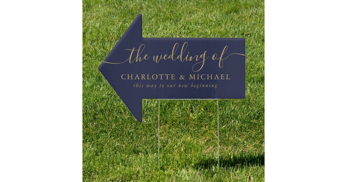 Navy Blue And Gold Script Wedding This Way Arrow Sign | Zazzle