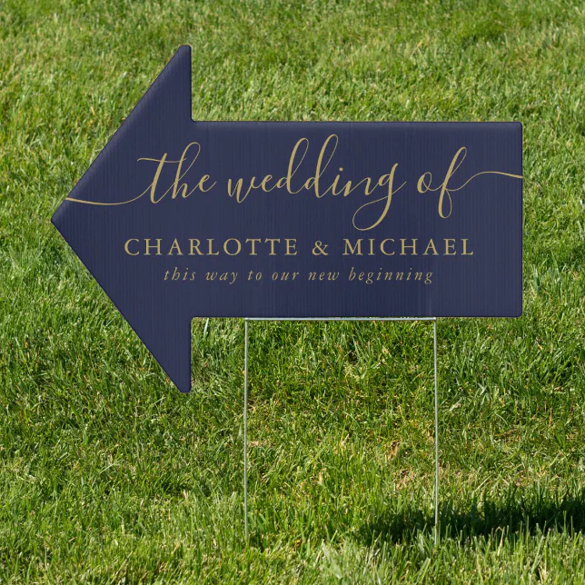 Navy Blue And Gold Script Wedding This Way Arrow Sign | Zazzle