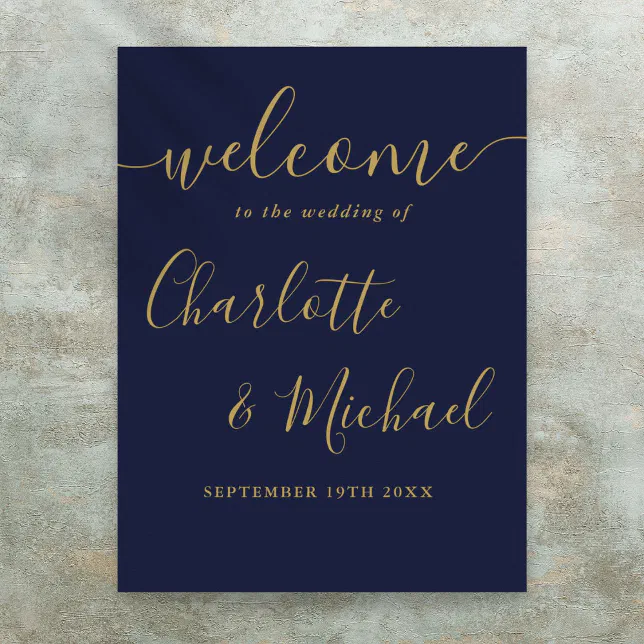 Navy Blue And Gold Script Wedding Welcome Sign | Zazzle