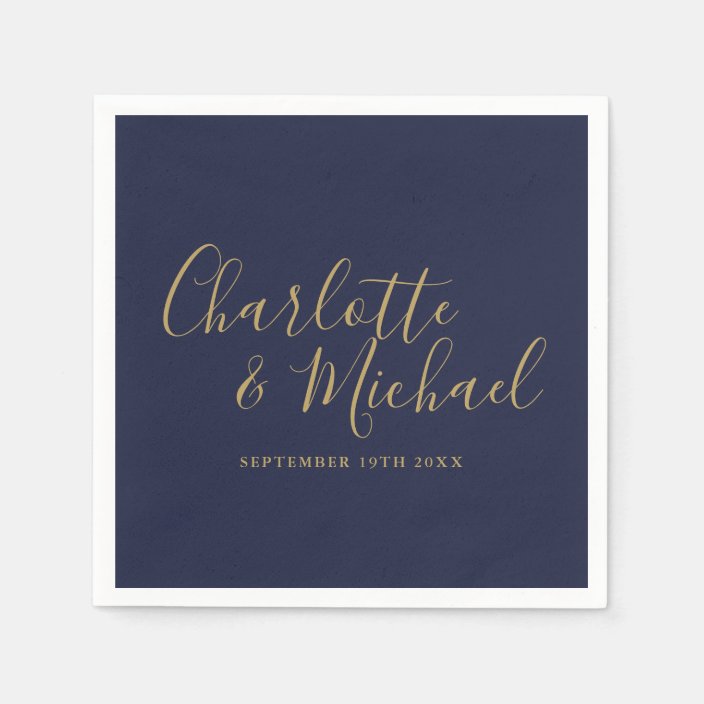 Navy Blue And Gold Signature Script Wedding Napkins | Zazzle.com