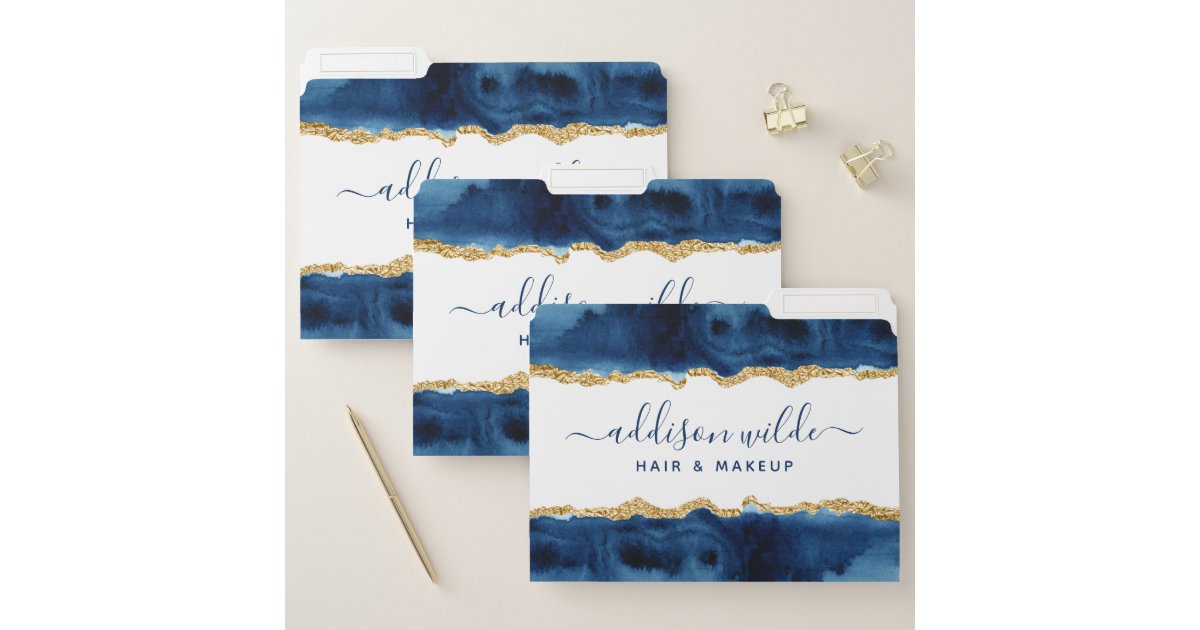 Navy Blue And Gold Watercolor File Folder | Zazzle