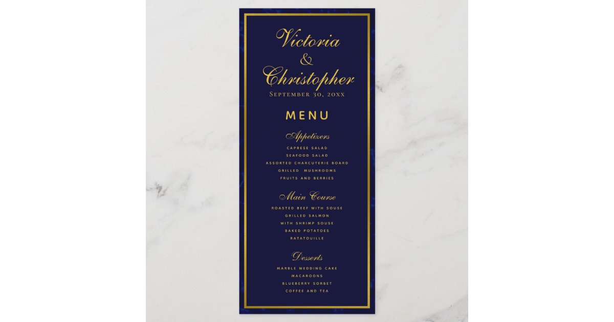 Navy Blue and Gold Wedding Dinner Menu | Zazzle