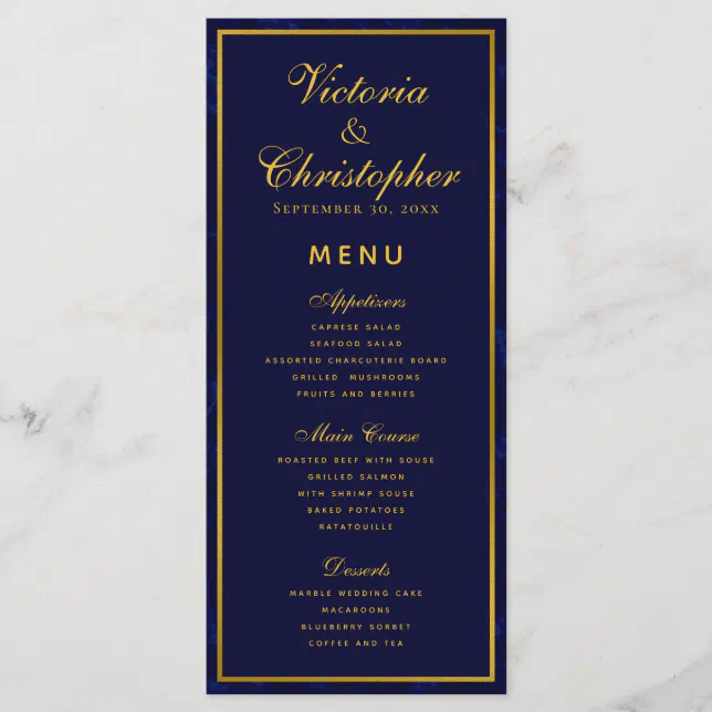 Navy Blue and Gold Wedding Dinner Menu | Zazzle
