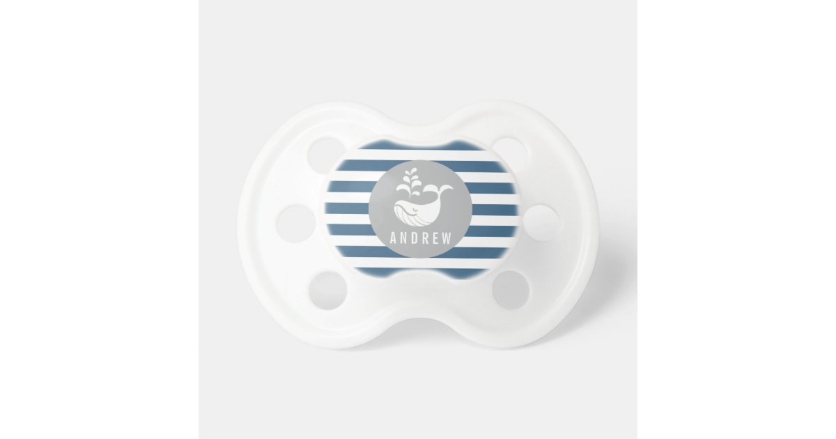 Navy Blue and Gray Nautical Stripes Whale Monogram Pacifier | Zazzle