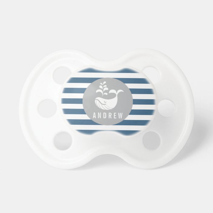 Navy Blue and Gray Nautical Stripes Whale Monogram Pacifier | Zazzle.com
